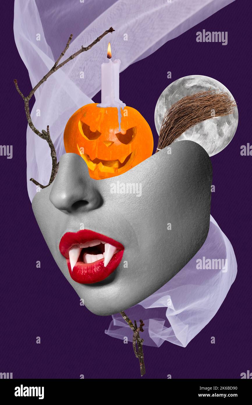 Vertical collage image of cruel creature vampire carved pumpkin ...