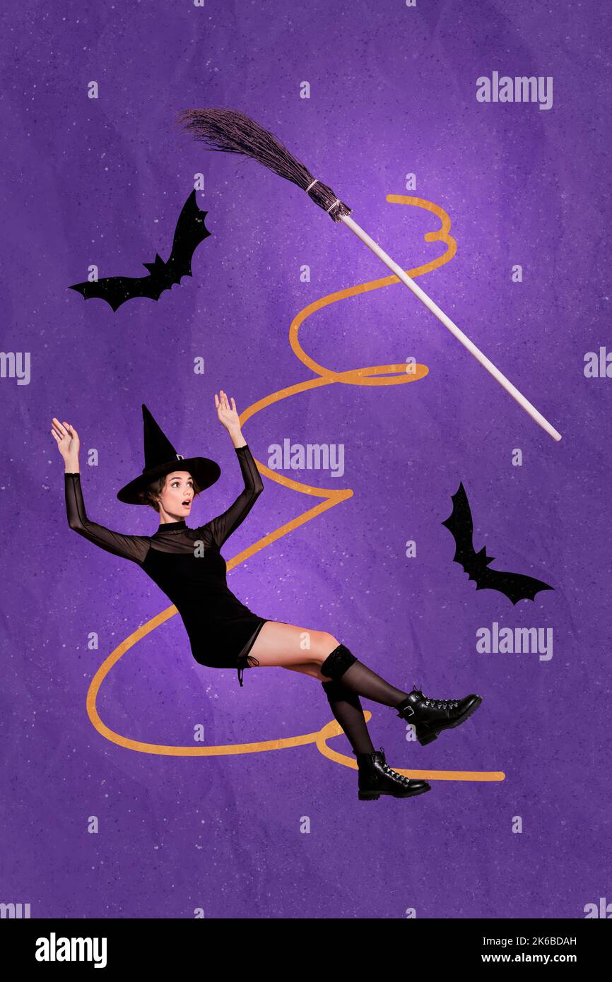 Vertical collage picture of shocked conjurer girl falling broom stick ...