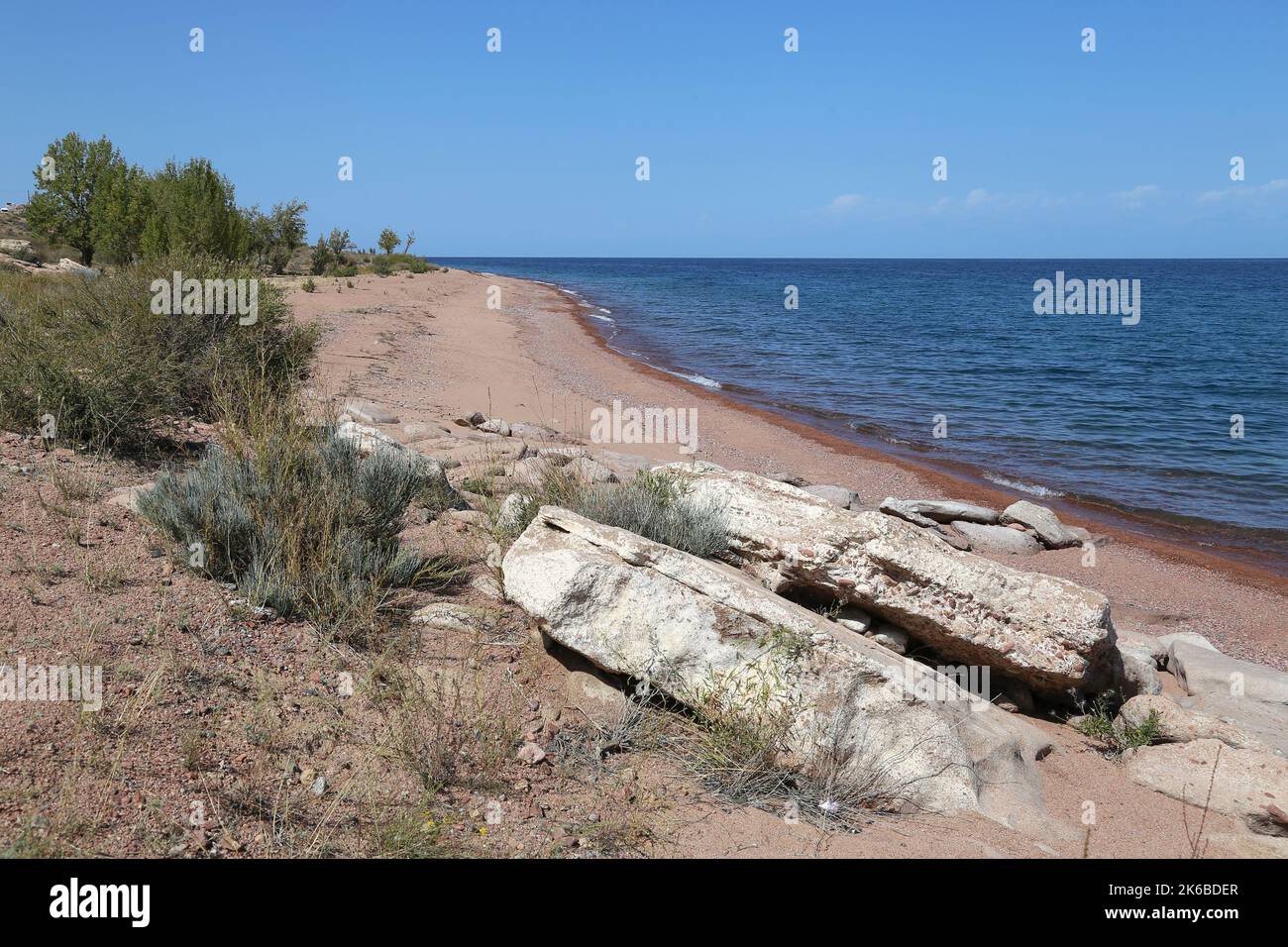 Lake beach at Tosor, Issyk Kul, Issyk Kul Region, Kyrgyzstan, Central ...
