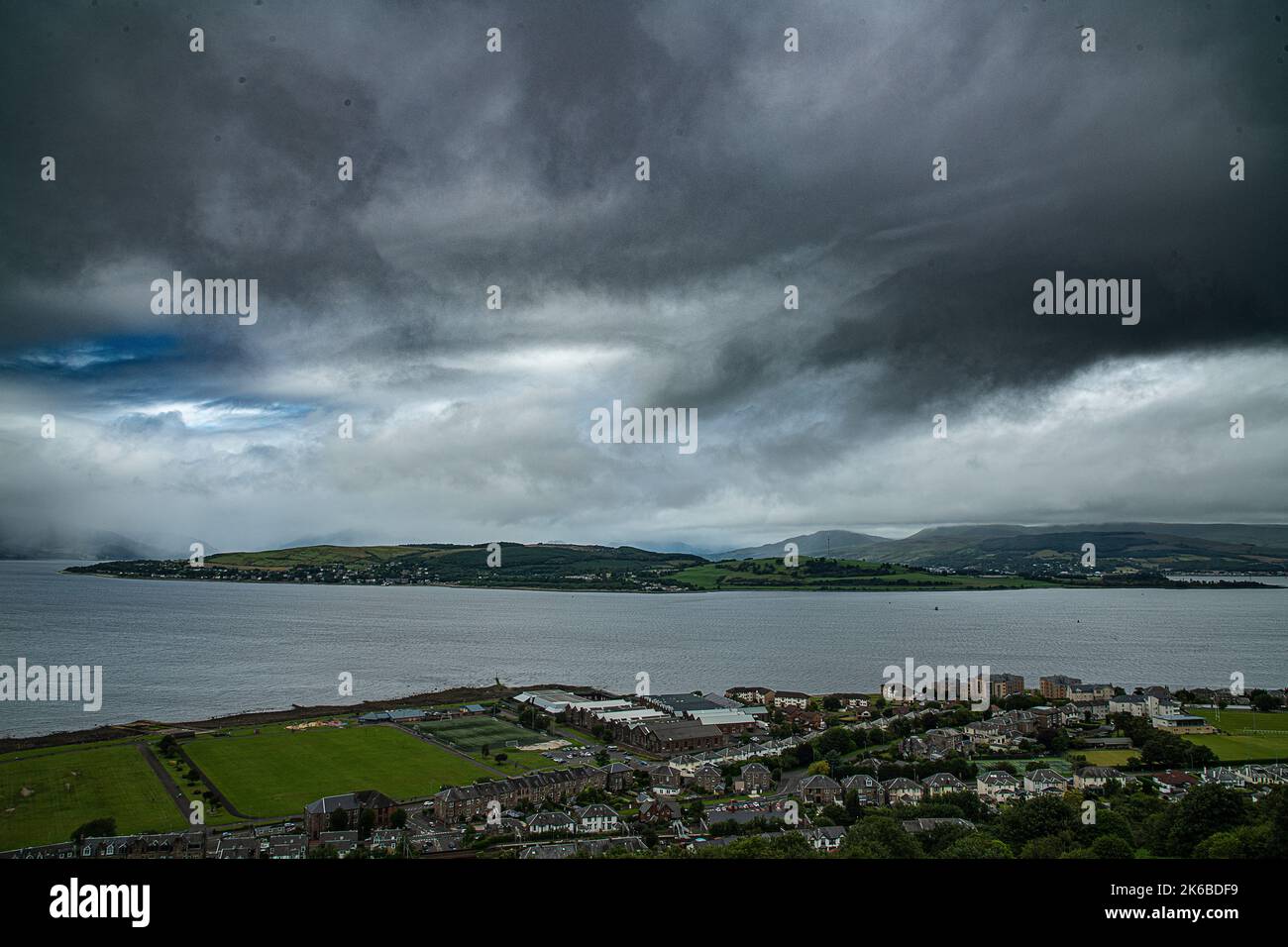 A beautiful view over Greenock town with the river Clyde and mountains ...