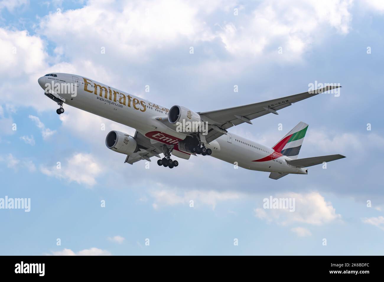 A closeup shot of an Emirates airliner plane during the flight from ...