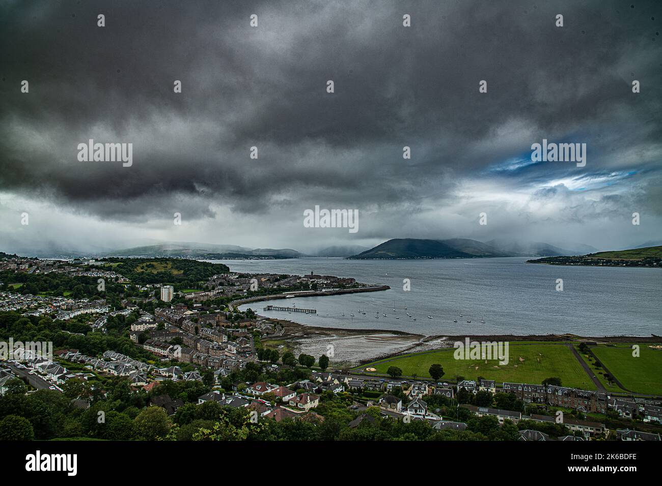 A beautiful view over Greenock town with the river Clyde and mountains ...