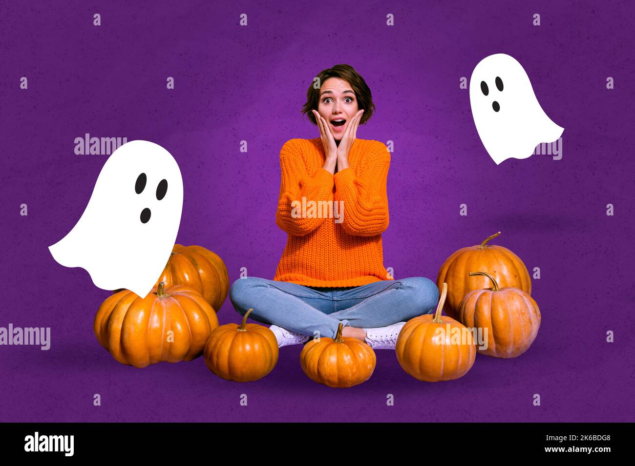 Creative collage image of impressed astonished girl hands touch cheeks ...