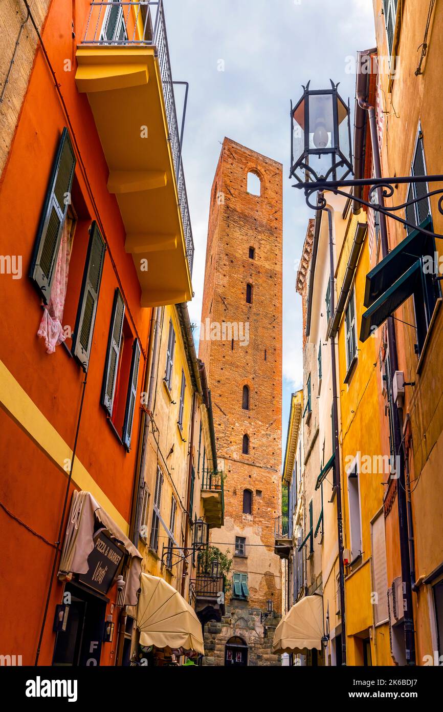 The picturesque narrow streets of Noli. Noli old town. Liguria, Italy ...