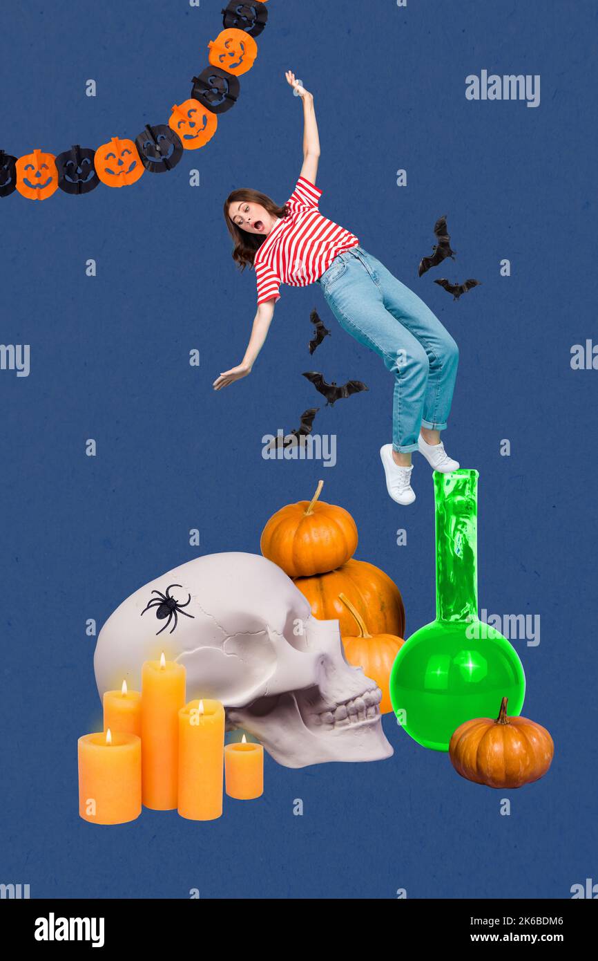 Vertical collage image of impressed scared girl falling big skull head ...