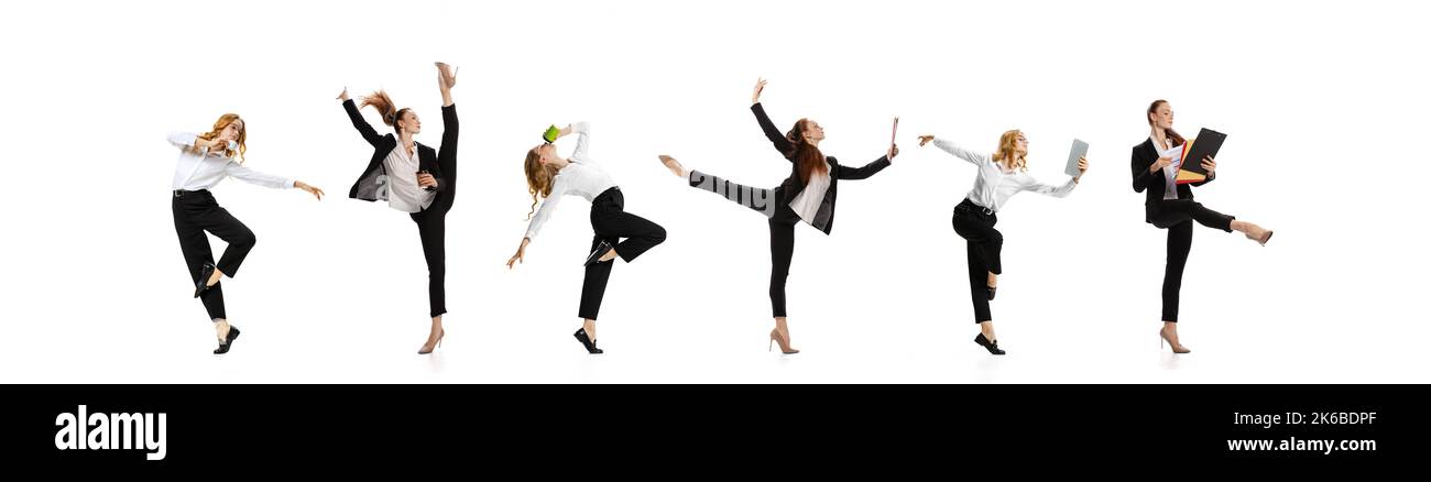 Set of images of business women in office style clothes working ...