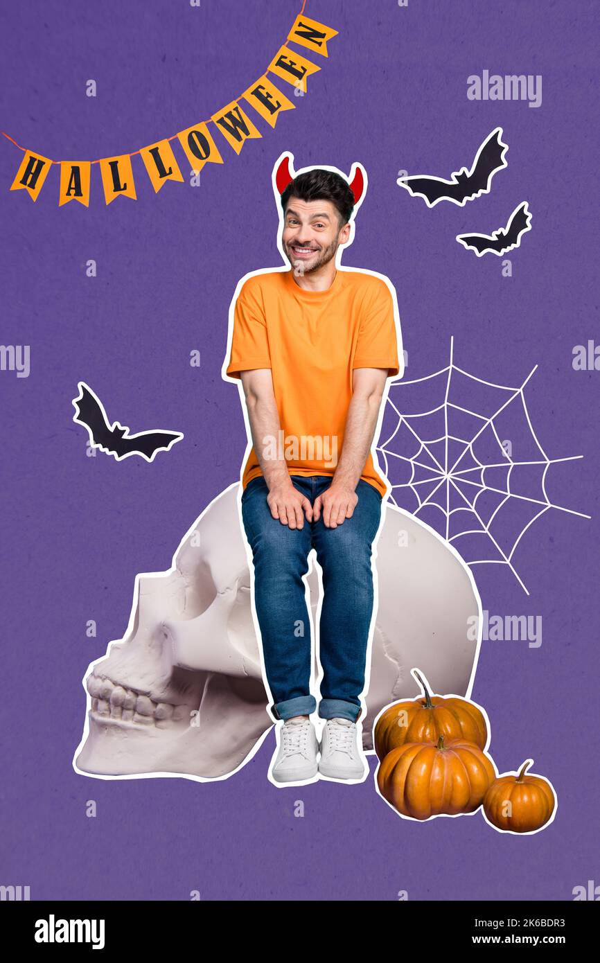 Vertical collage picture of cheerful mini guy devil horns sit big skull ...