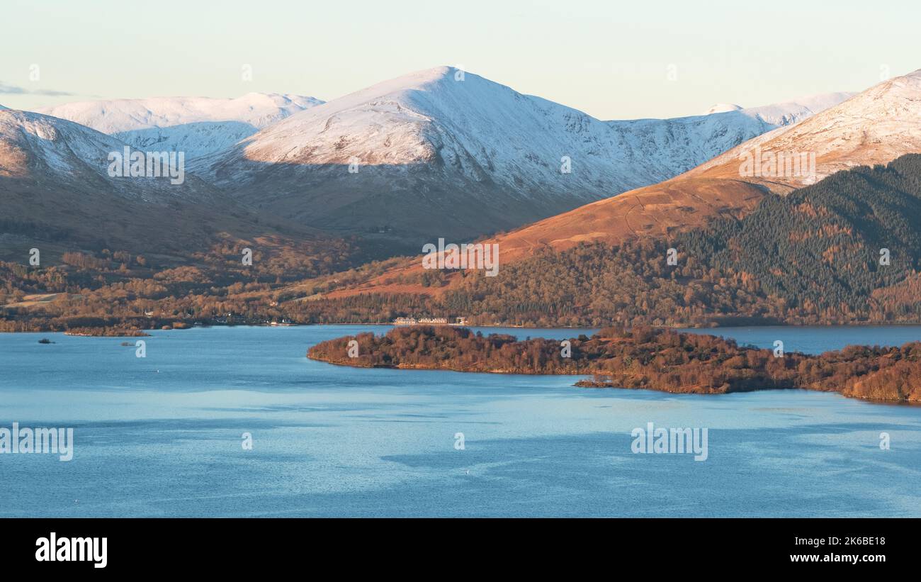 Winter sunrise over Loch Lomond and Luss Hills, the island of ...