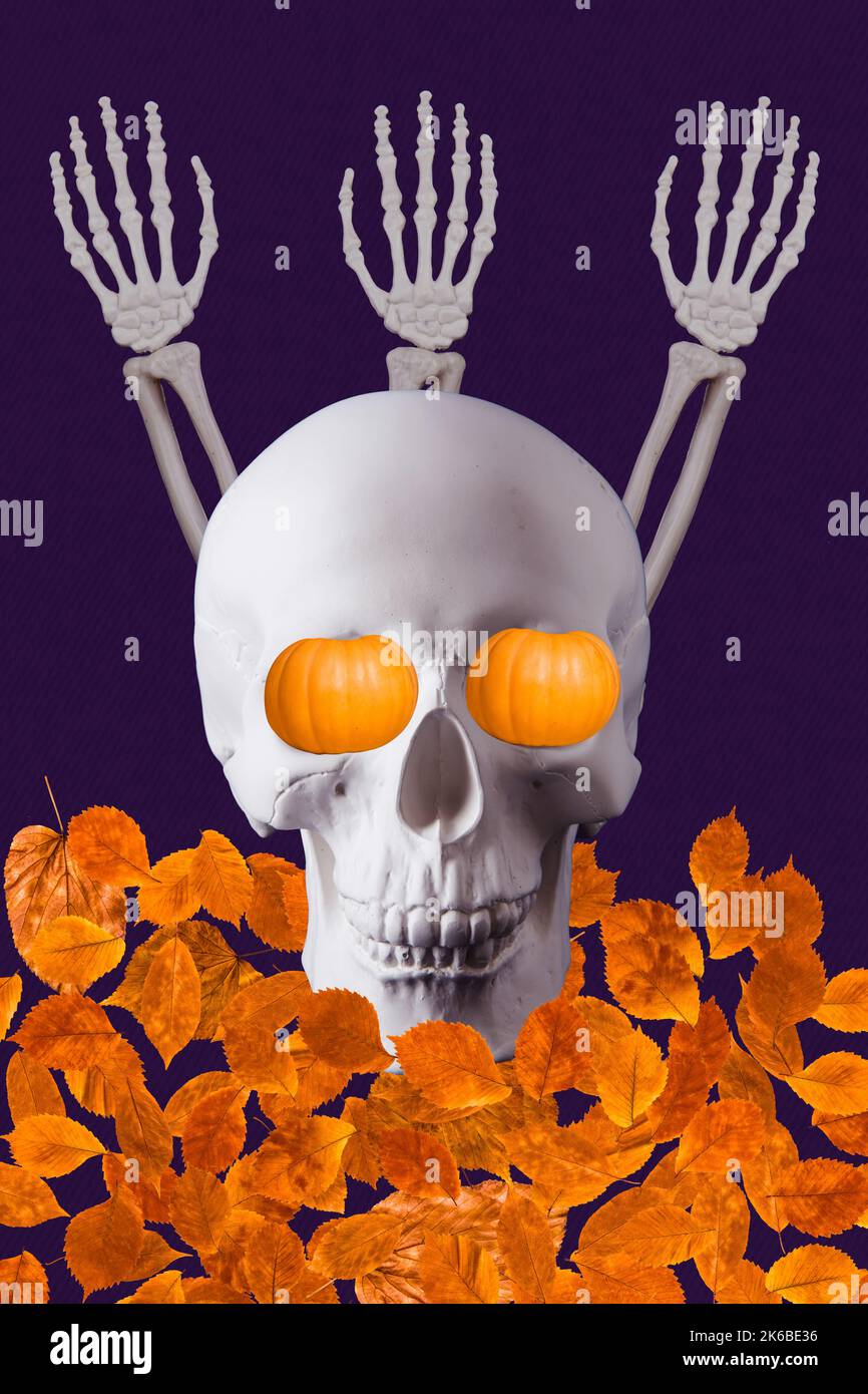 Vertical collage image of dead skull head pumpkins instead eyes ...