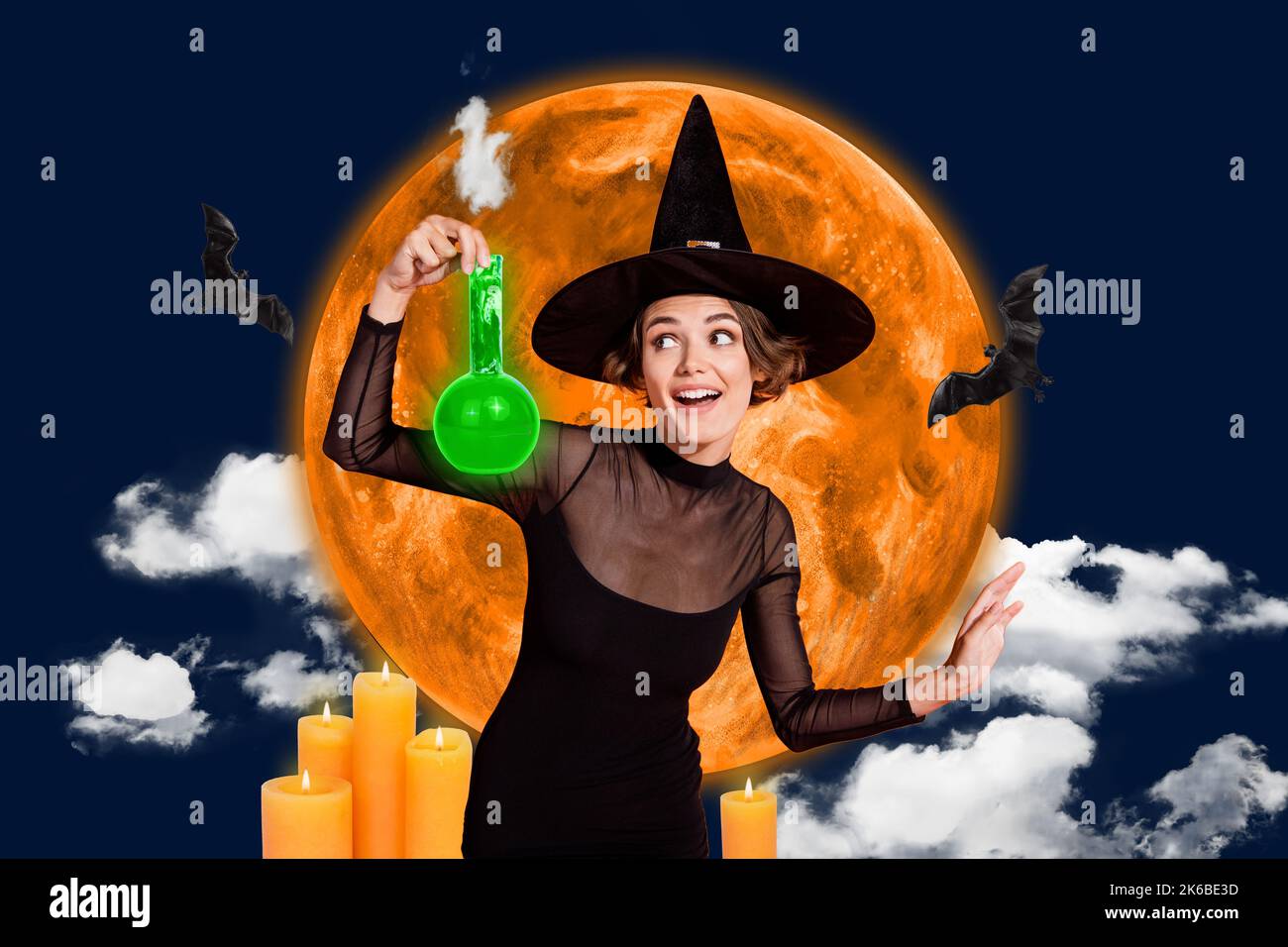 Composite collage portrait of excited conjurer girl hold potion elixir ...