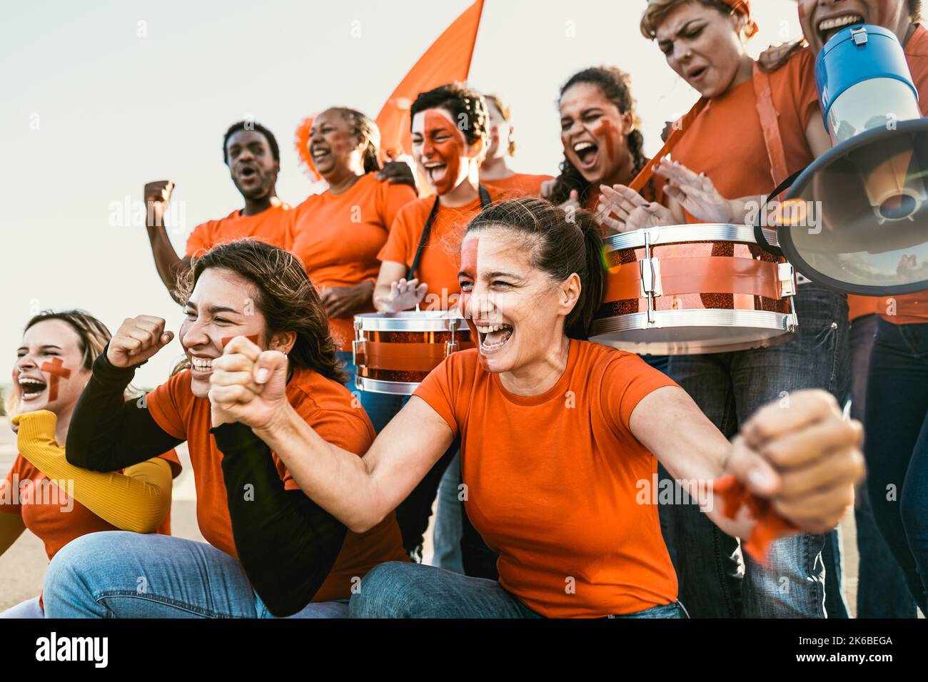 Football fans having fun supporting favorite team - Soccer sport ...
