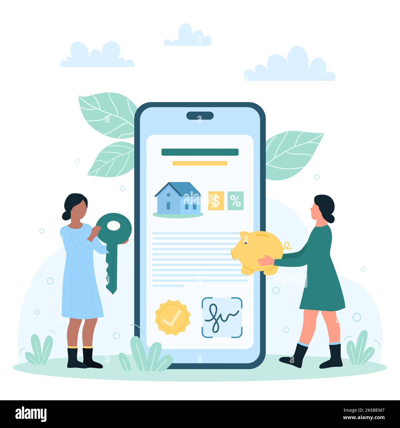 Online real estate agreement vector illustration. Cartoon tiny people ...