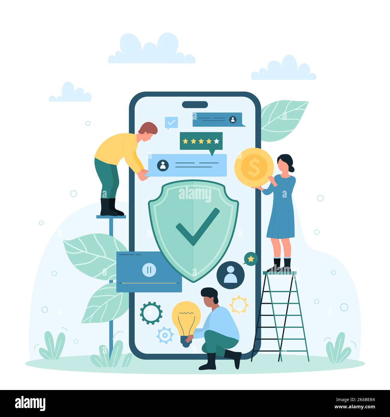 Mobile app safety, cybersecurity vector illustration. Cartoon tiny ...