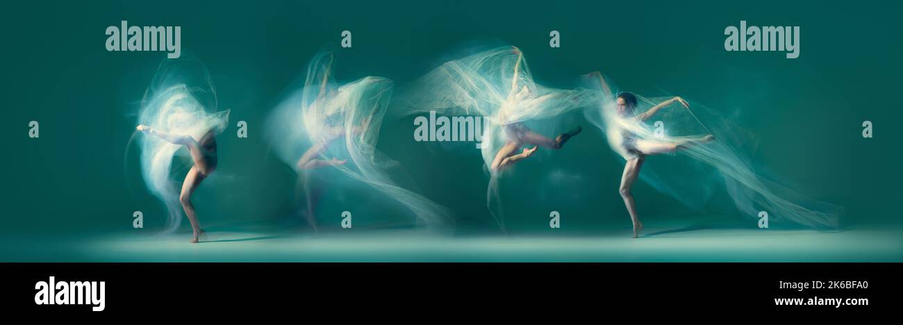 Lightness and weightlessness. Flexible beautiful ballet dancer dancing ...