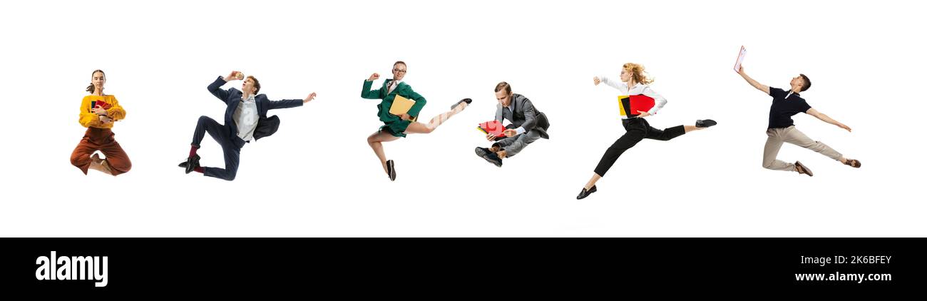 Set of images of business men and women in office style clothes working ...