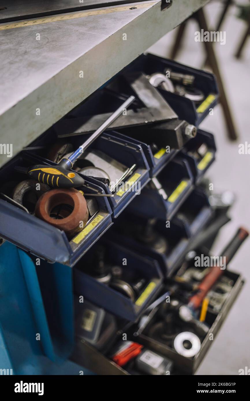 Work tools arranged in toolbox at workshop Stock Photo - Alamy