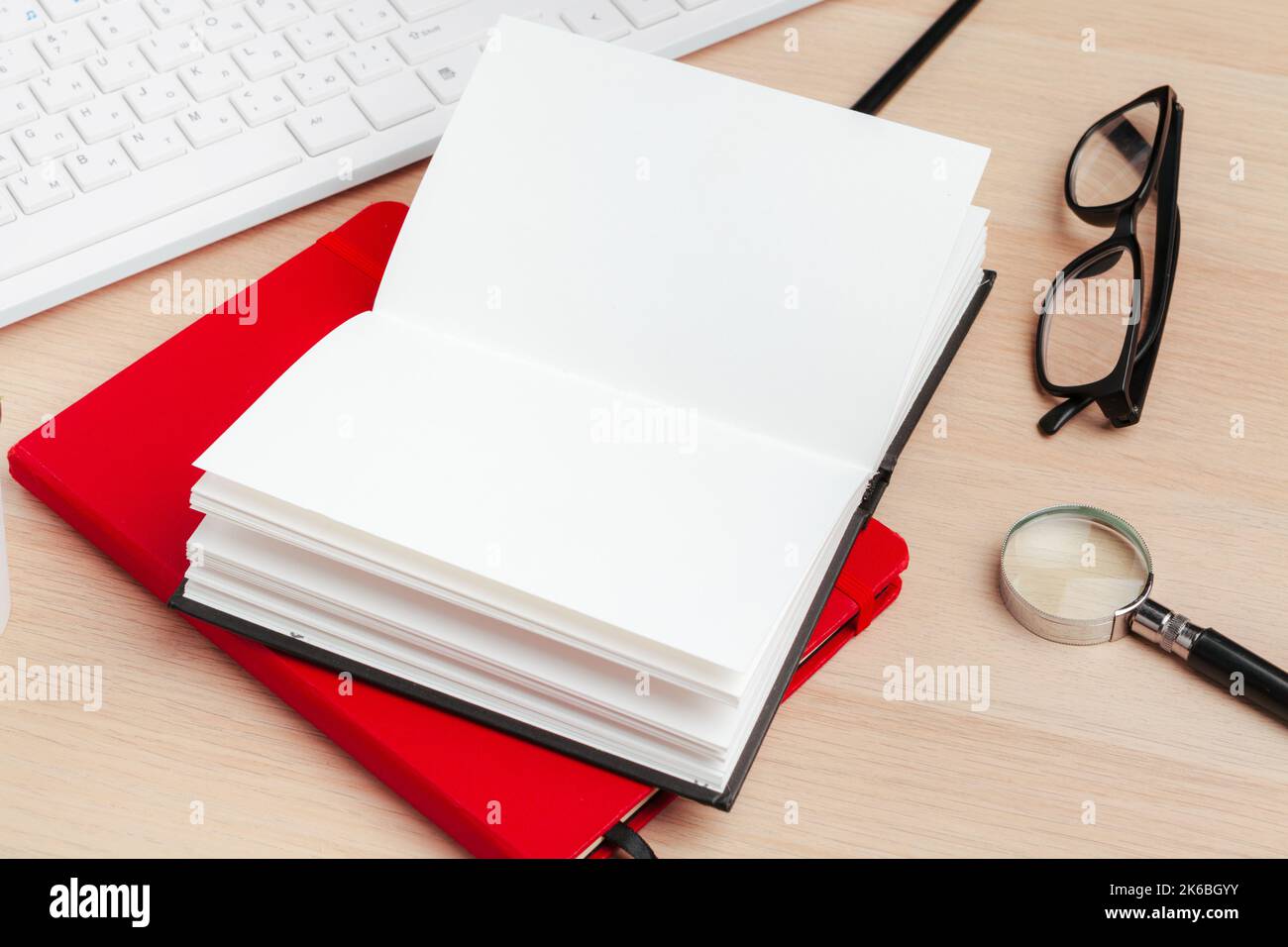Business work place with equipment on wooden desk, top view Stock Photo ...