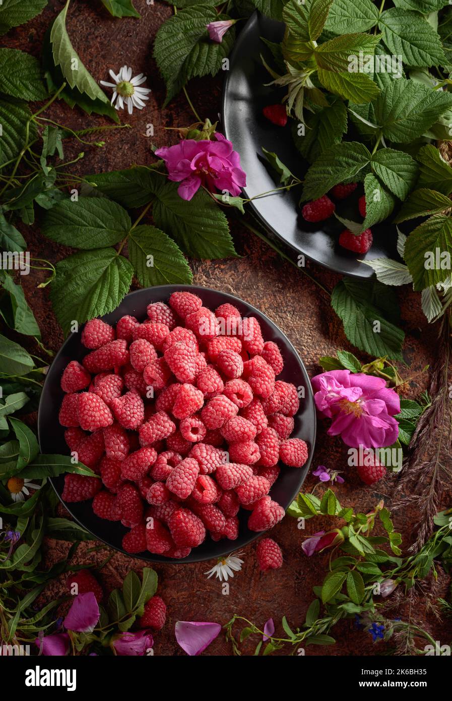 Summer still life with, raspberries, flowers and meadow grasses. Top ...