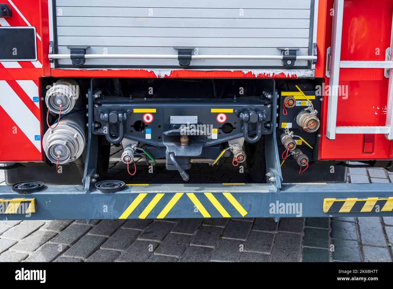 The back of the fire truck. Fire extinguishing valves, connectors and ...