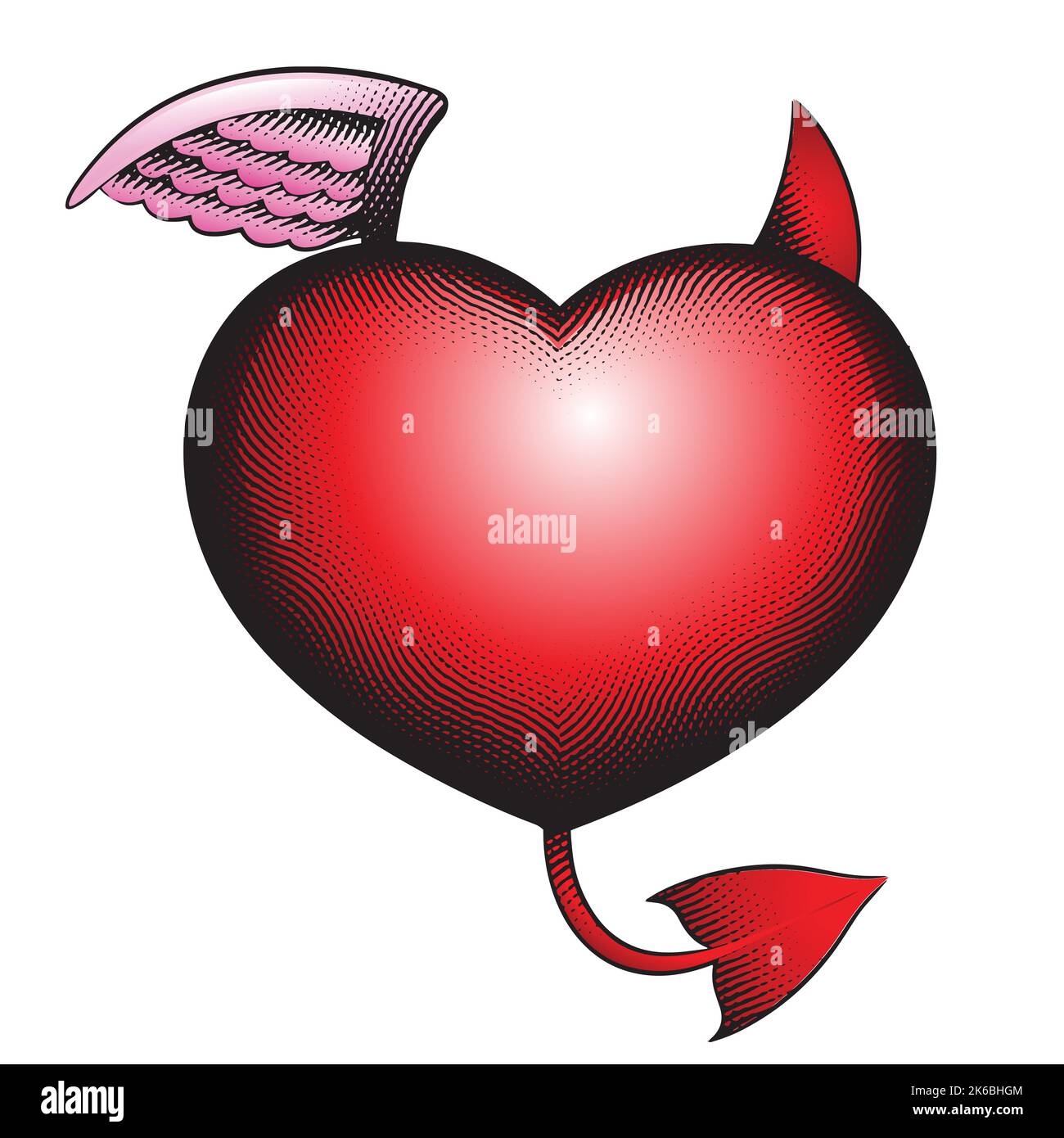 Illustration of Scratchboard Engraved Good and Evil Heart with Red Fill isolated on a White ...