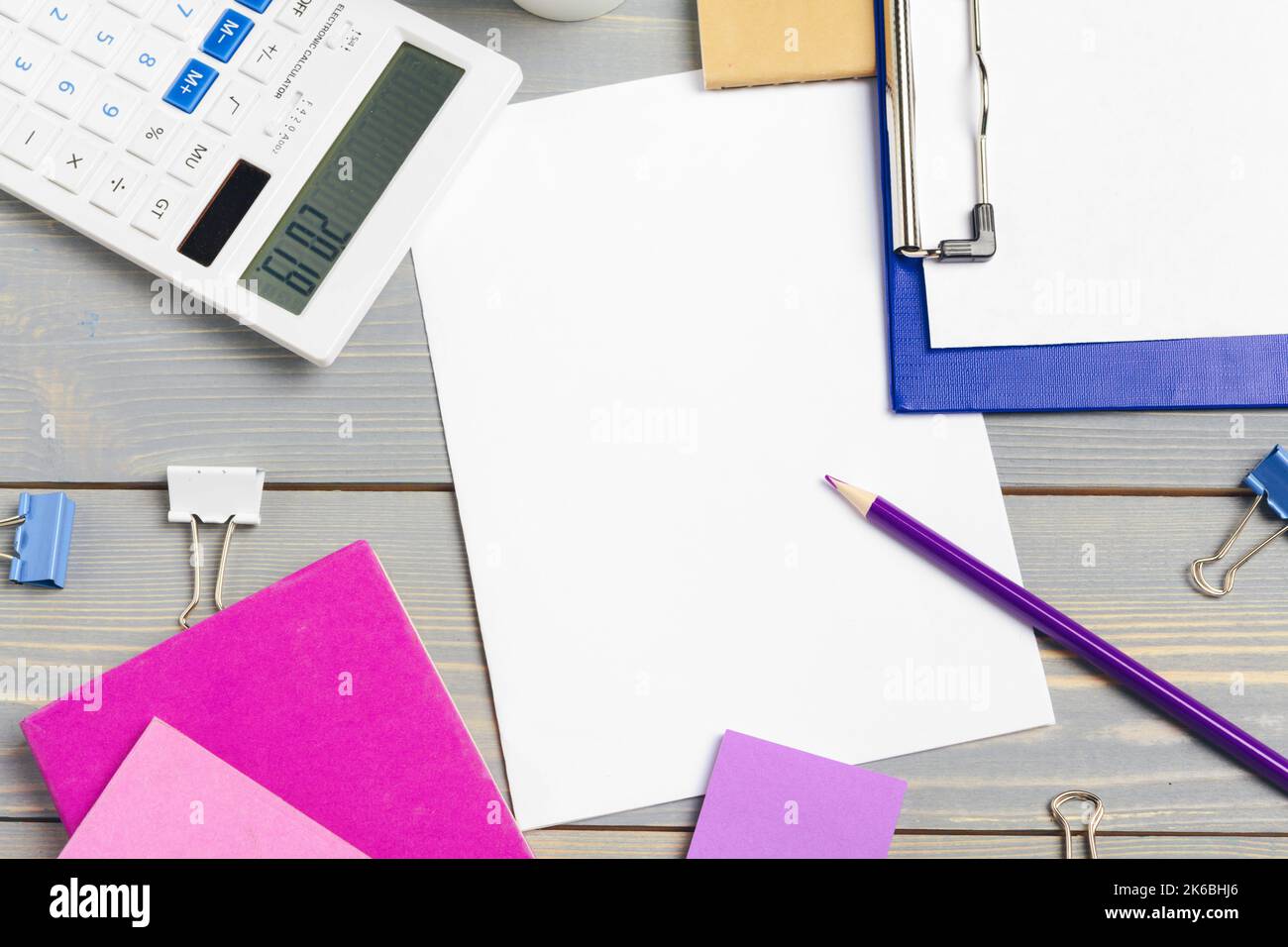Work place with office stationery close up top view Stock Photo - Alamy