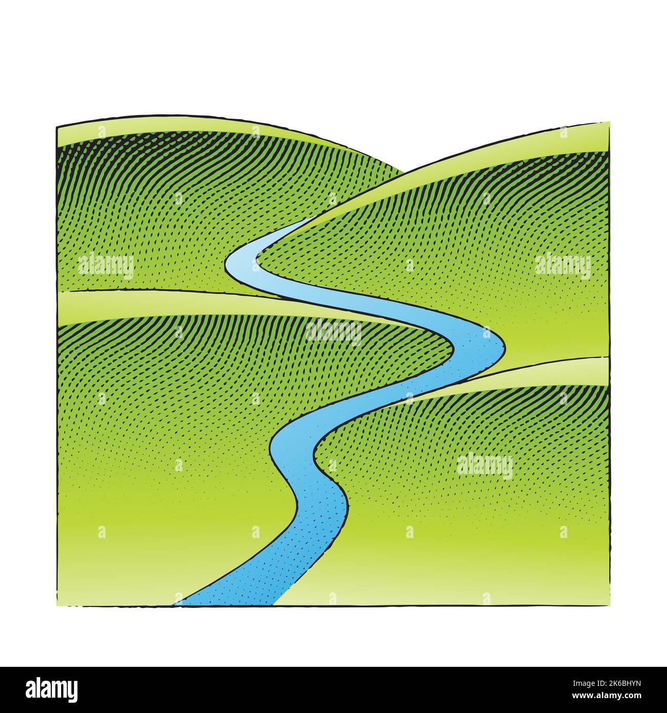 Illustration of Scratchboard Engraved Illustration of Hills and River ...