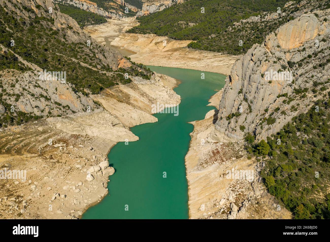 Canelles reservoir almost empty during the 2022 drought in front of the ...
