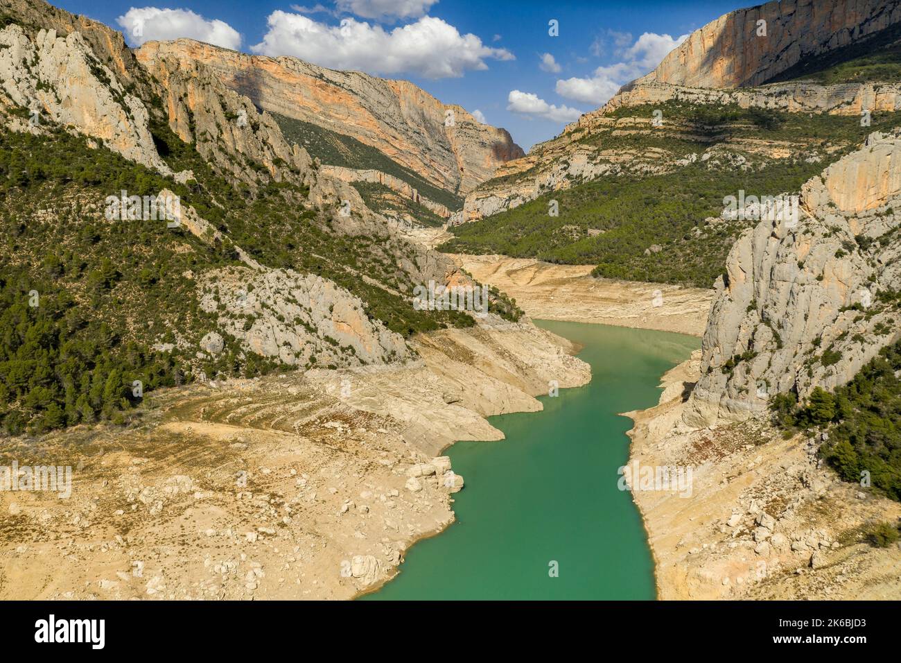 Canelles reservoir almost empty during the 2022 drought in front of the ...