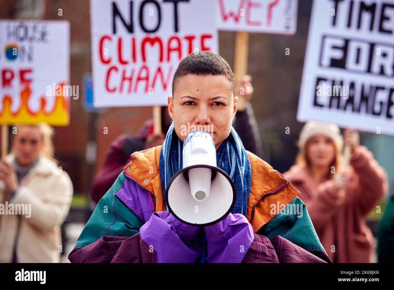 Group Of Protestors With Placards And Megaphone On Demonstration March ...