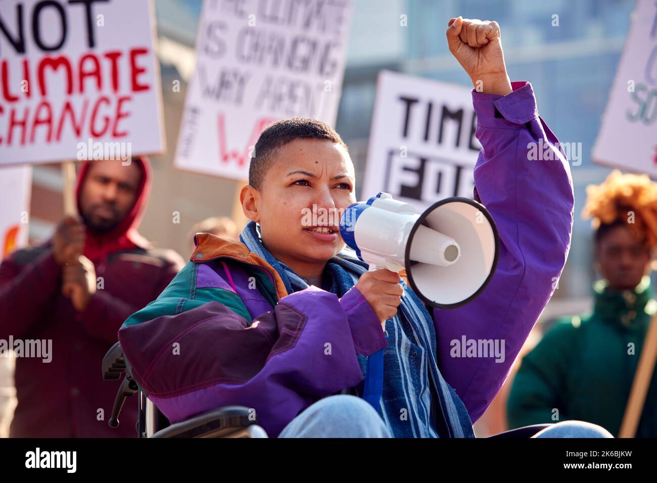 Group Of Protestors With Placards And Megaphone On Demonstration March ...