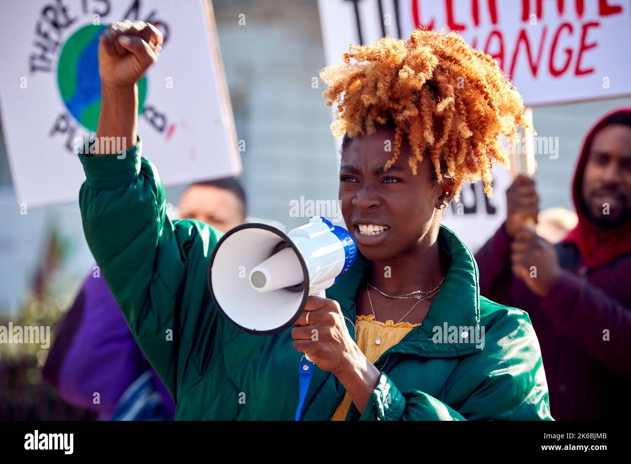 Group Of Protestors With Placards And Megaphone On Demonstration March ...