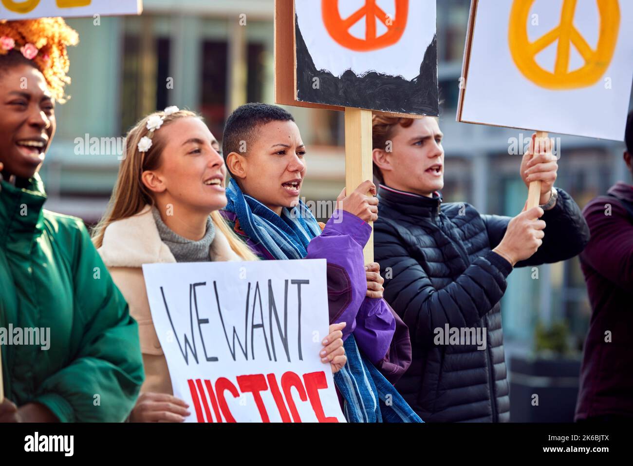Group Of Protestors With Placards On Anti War Demonstration March Stock ...