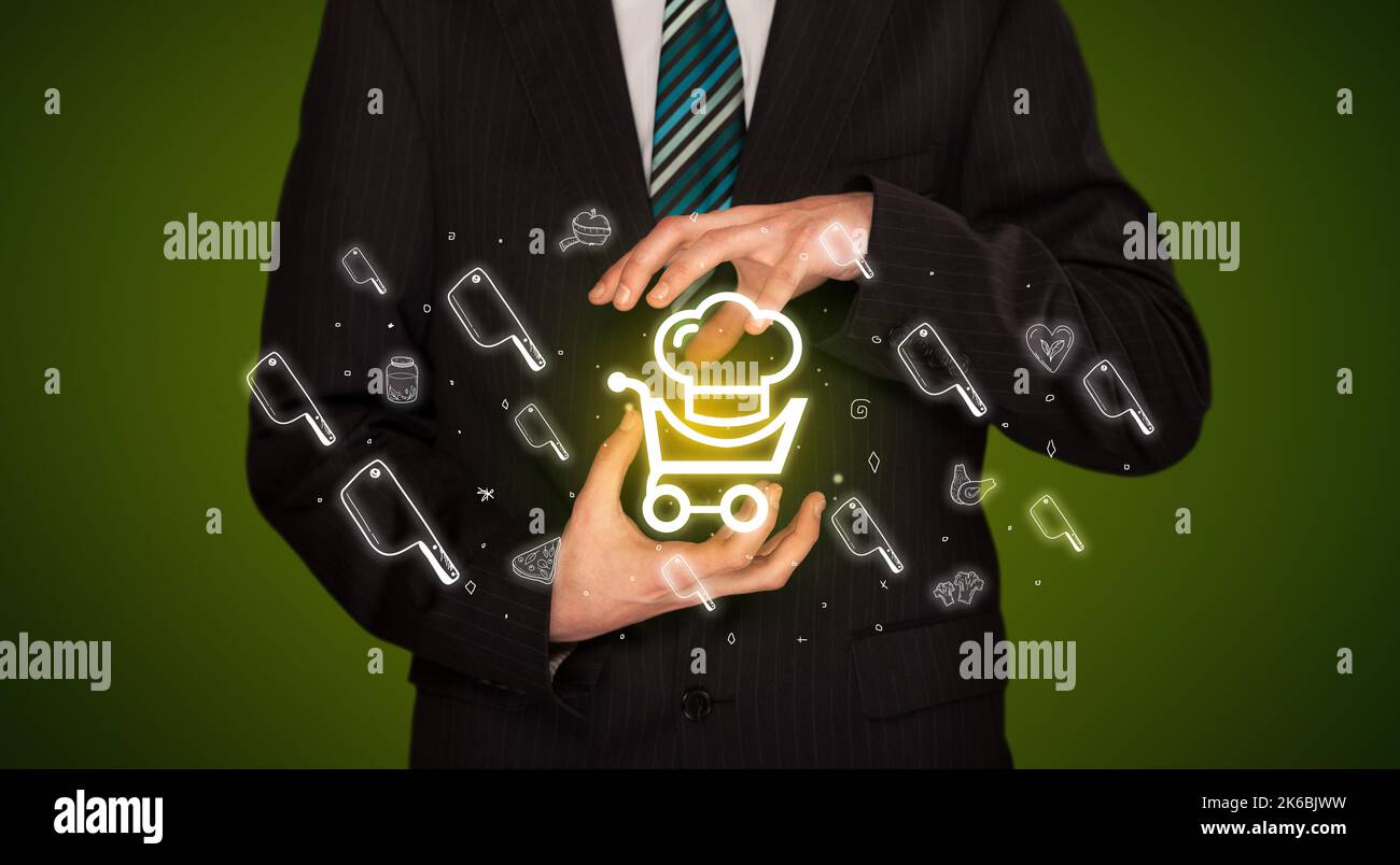 Hand holding food related icons Stock Photo - Alamy