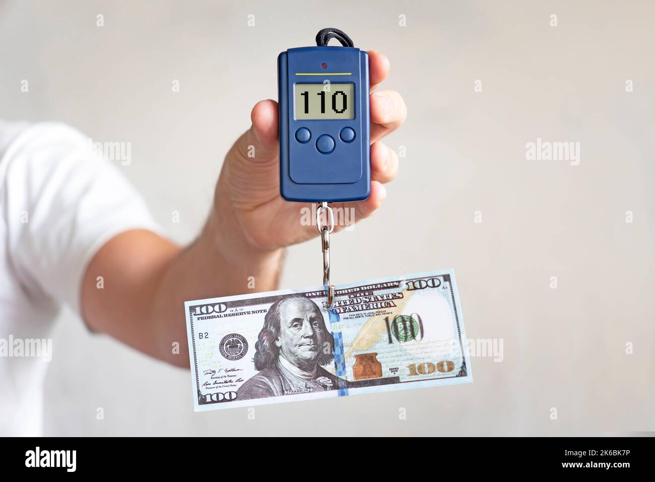 Dollar bills on the electronic scales, a symbol of cost appreciation ...