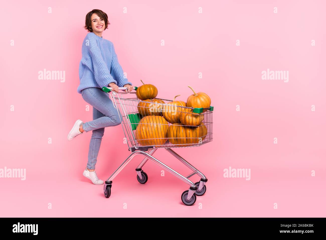 Full body profile portrait of cheerful adorable person stand near ...