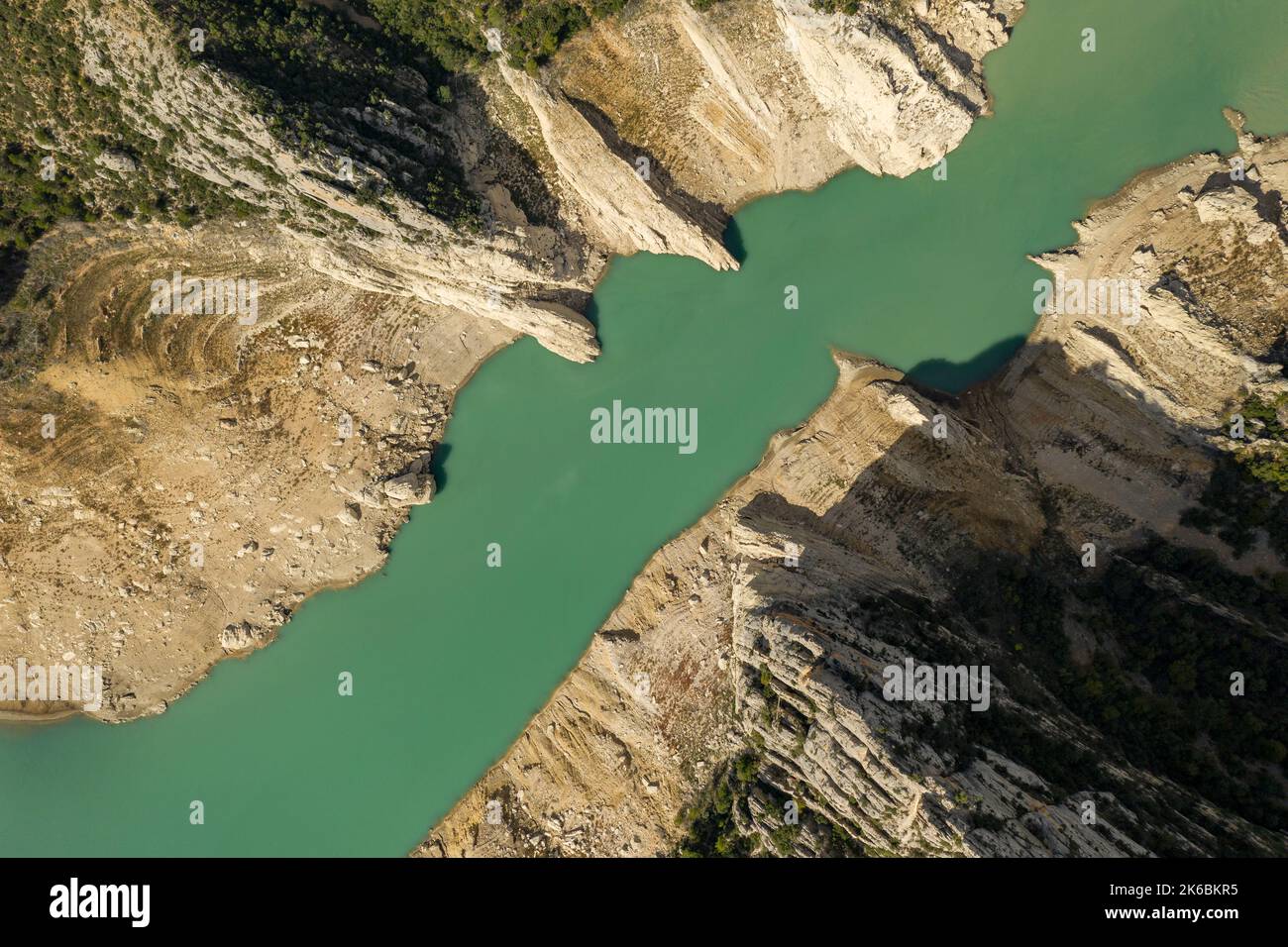 Canelles reservoir almost empty during the 2022 drought in front of the ...