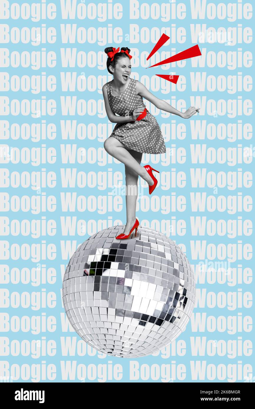 Vertical creative collage image of positive young woman dancing wear ...