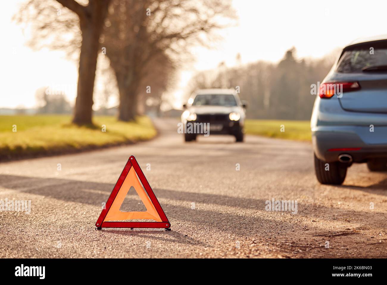 Hazard Warning Triangle Sign Warning Of Car Breakdown On Country Road ...