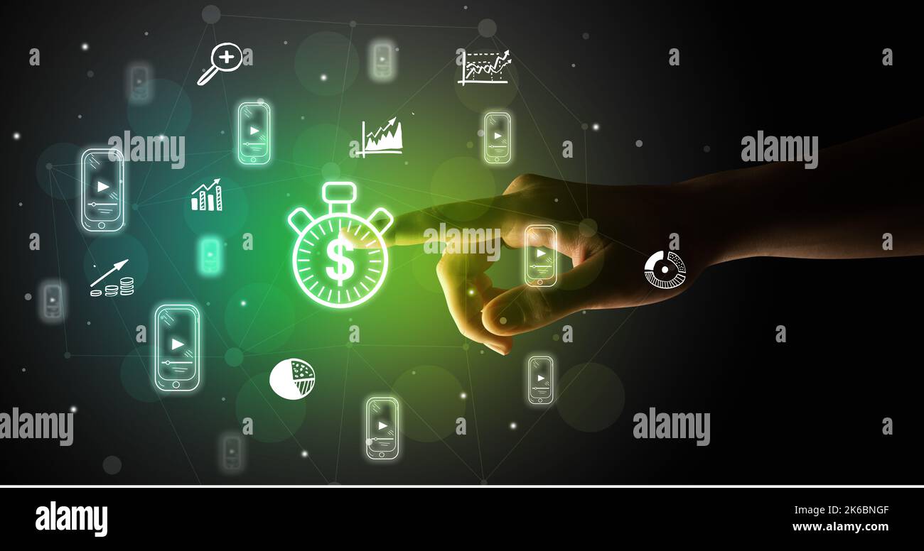 Businessman finger touching on screen multimedia interface with hand ...