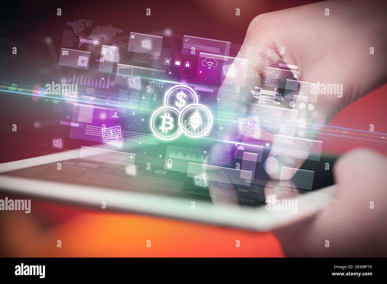 Close-up of a hand using tablet, currency concept Stock Photo - Alamy