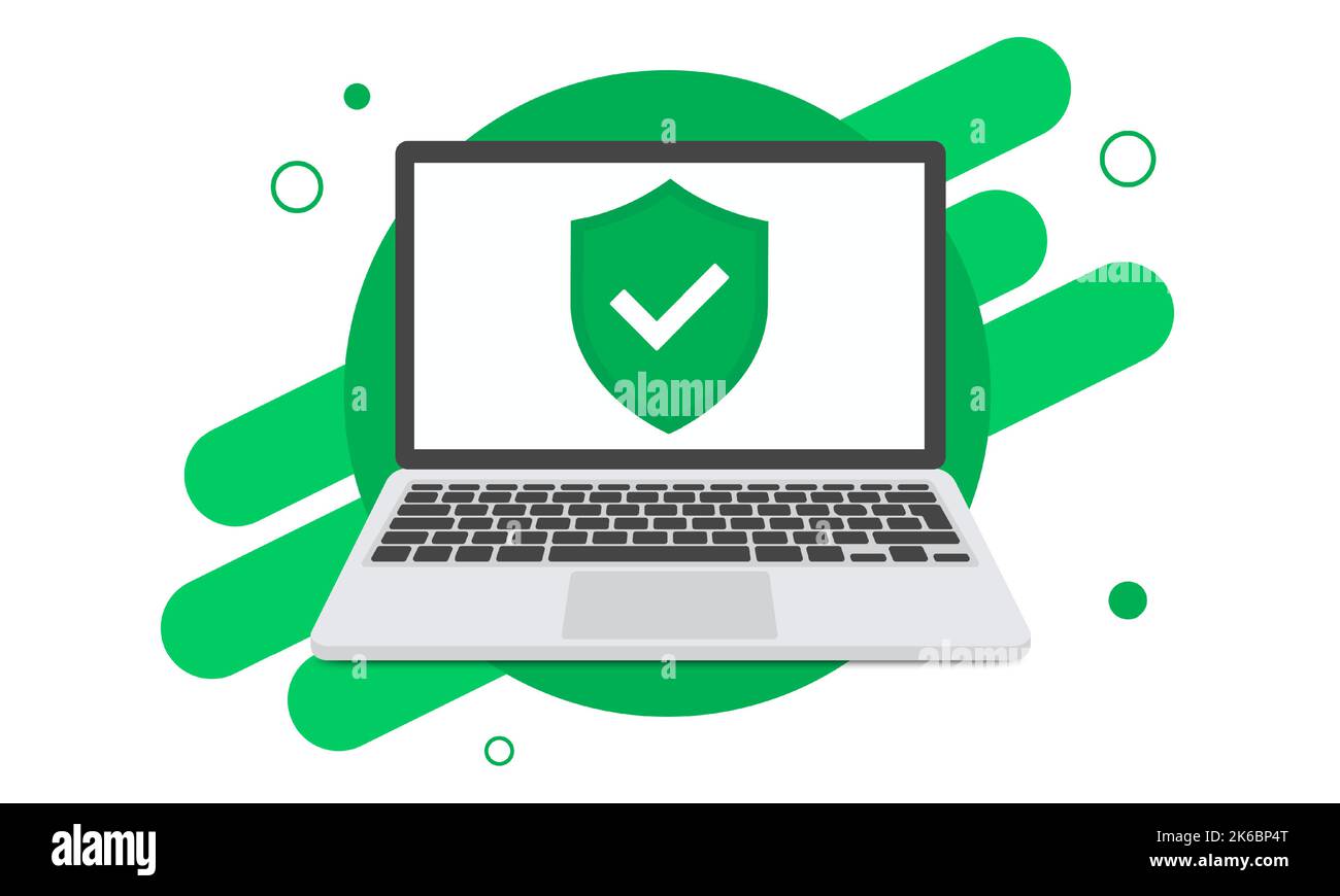Laptop with check mark window in a flat design. Mockup of shield with ...