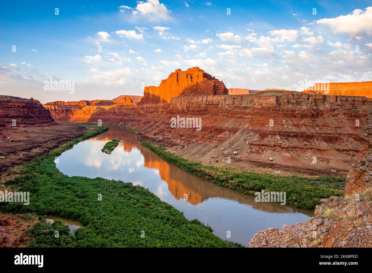 Moenkopi sandstone butte reflected in the Colorado River at the Goose ...