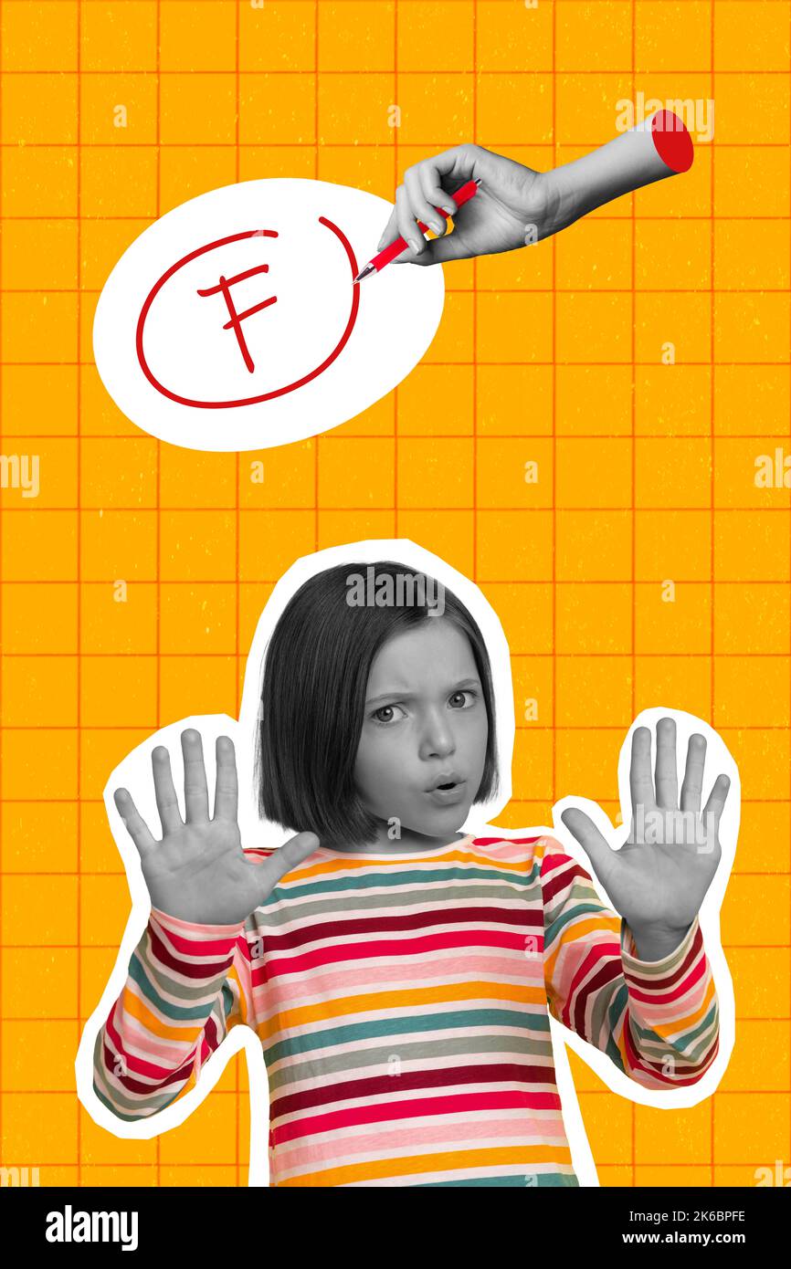 Creative drawing collage picture of stressed child schoolgirl bad f ...