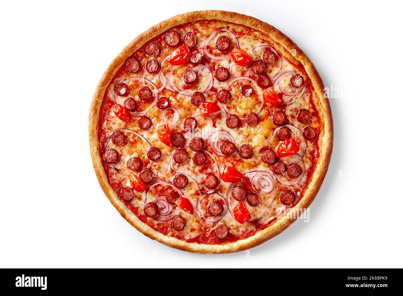 Pizza with mozzarella, hunting sausage, tomatoes and purple onion ...