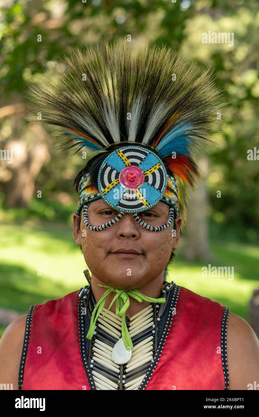 Portrait of a Navajo Native American hoop dancer in regalia at a ...