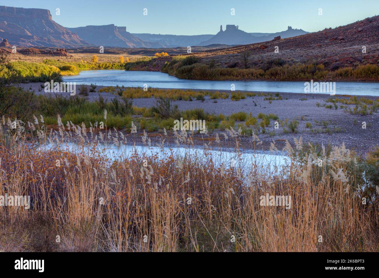 Sunset over the Colorado River & Fisher Mesa, Adobe Mesa, Castle Rock ...
