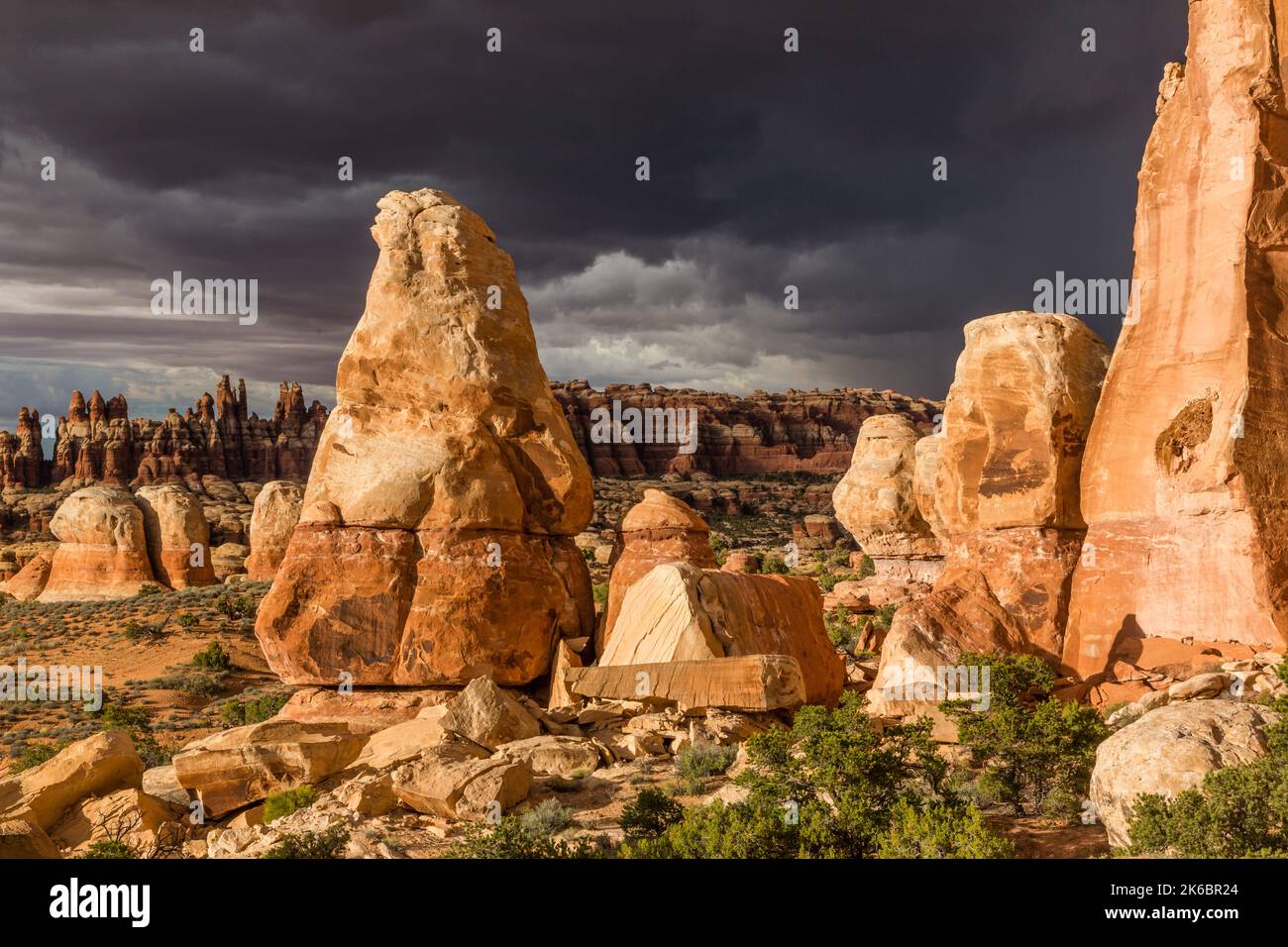 Storm clouds over the Needles, Cedar Mesa sandstone spires in the ...
