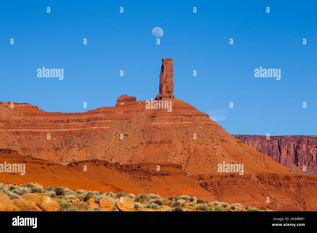 Rising moon over the Castleton Tower or Castle Rock, viewed from Castle ...