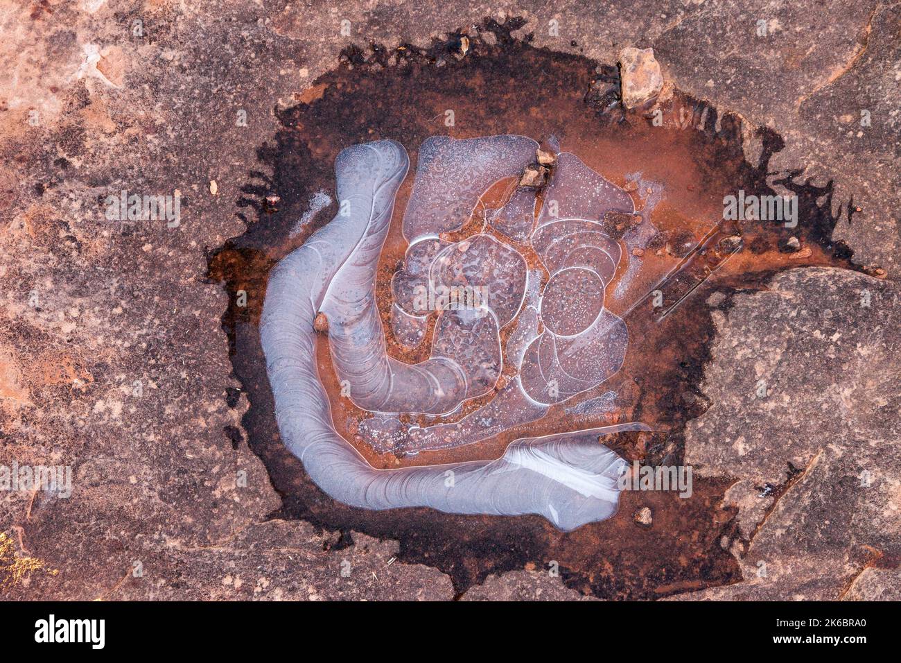 Frozen patterns in ice on sandstone in winter at Arches National Park ...