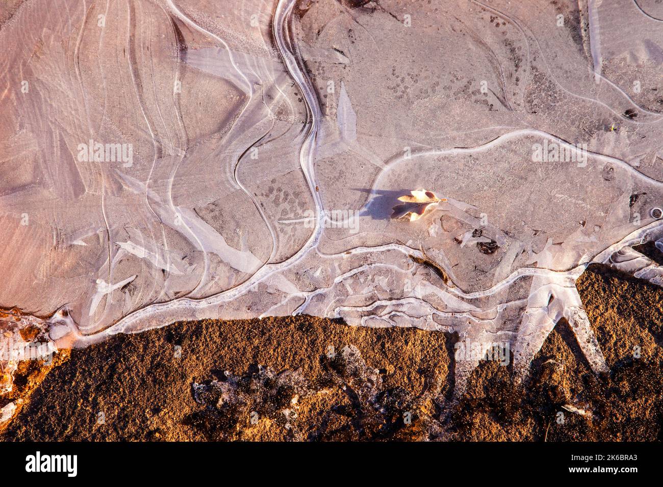 Frozen patterns in ice on sandstone in winter at Arches National Park ...